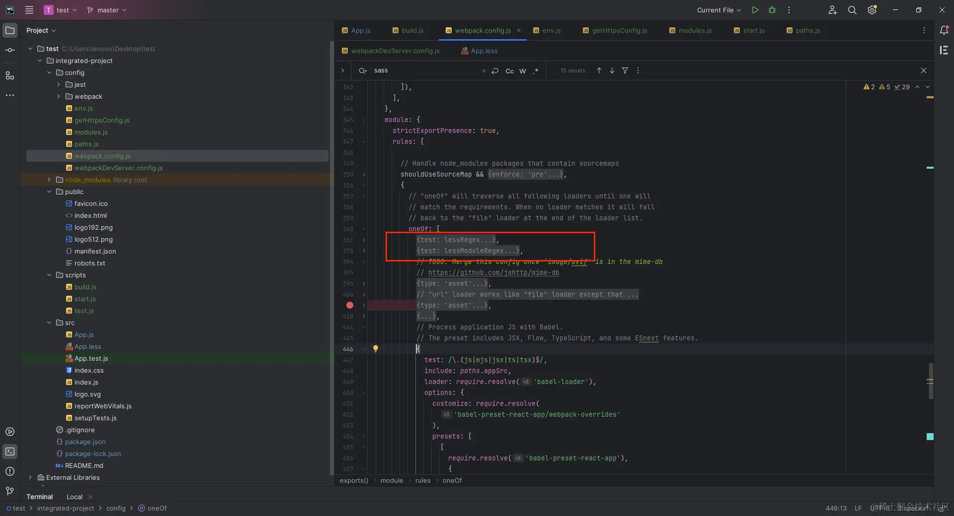 解决create-react-app 中less不生效1.方案 方法一:暴露webpack.config.js配置 1. - 掘金