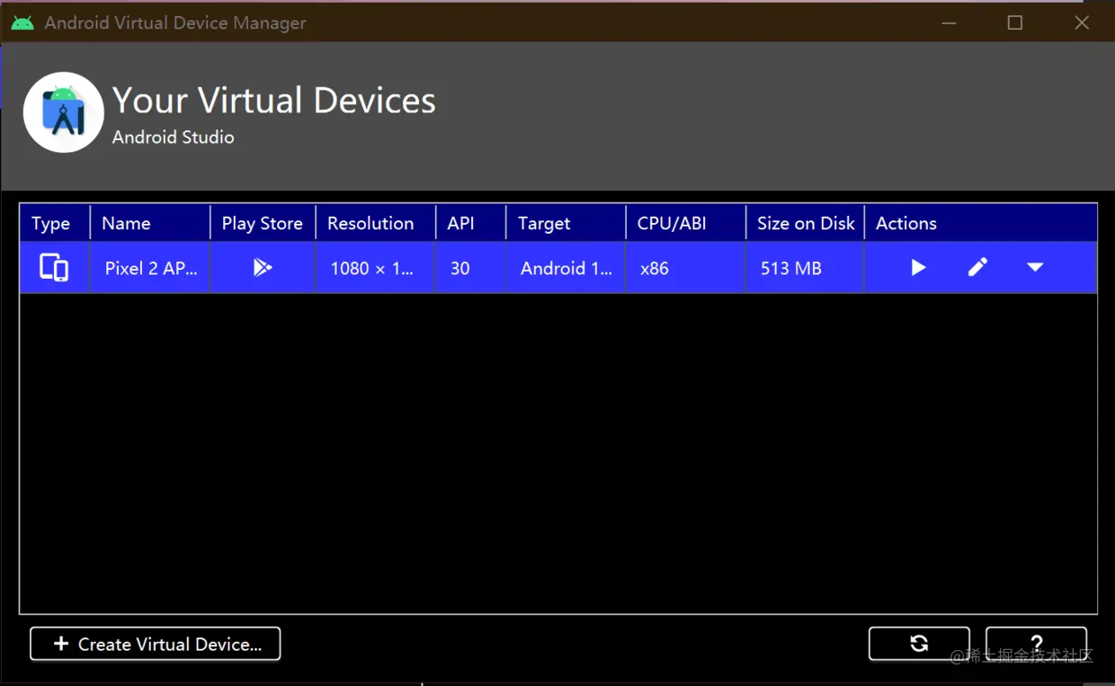 创建和管理虚拟设备（AVD），安装APP及联网操作如需打开 AVD 管理器，有以下三种操作： （1）Android St - 掘金