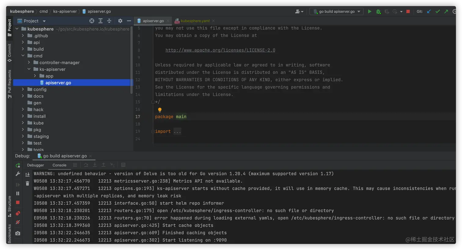 开源项目kubesphere二次开发本地调试背景说明 操作系统信息 本地开发： macOS intl，GO1.20 腾讯 - 掘金